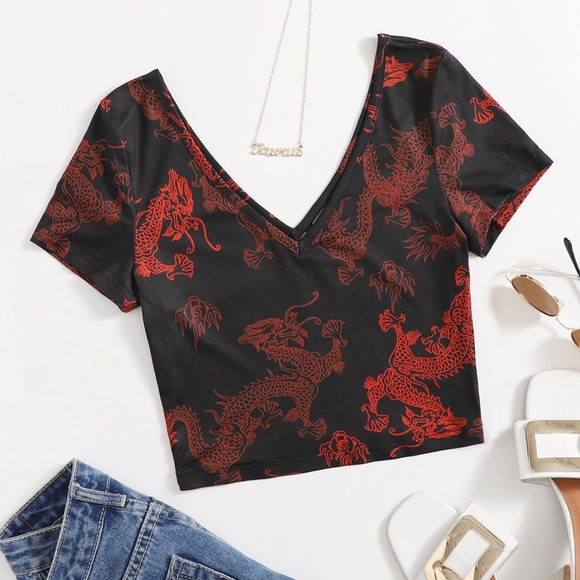 SHEIN | Tops | Shein Chinese Dragon Print Double Vneck Tee | Poshmark